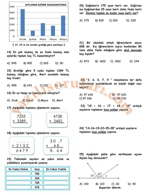 4 Sınıf Matematik Dersi 1 Dönem 2 Yazılı Soruları indirmesiz yazılı