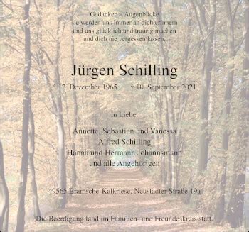 Traueranzeigen von Jürgen Schilling noz Trauerportal