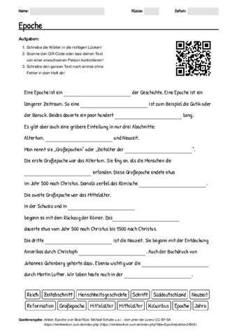 Arbeitsblatt Mit QR Code Zum Thema Epoche Einfache Sprache