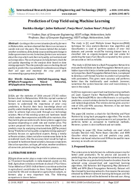 pdf prediction of crop yield using machine learning irjet journal