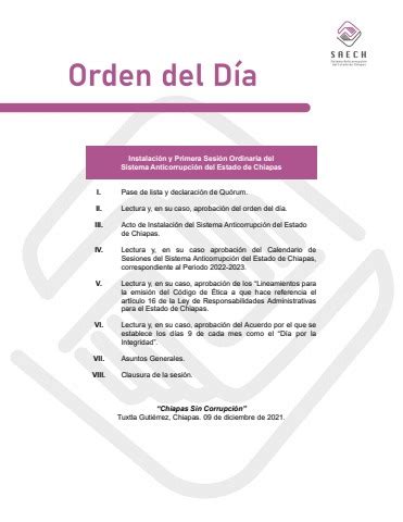 Orden del día del Acto de Instalación y Primera Sesión Ordinaria