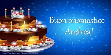 Buon Onomastico Andrea Cartolina Con Torta Con Candele Su Sfondo Blu