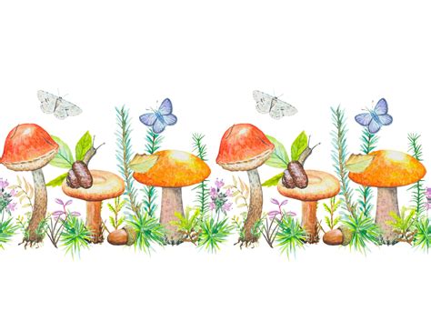 Seamless Border With Mushrooms Grass And Berries Watercolor