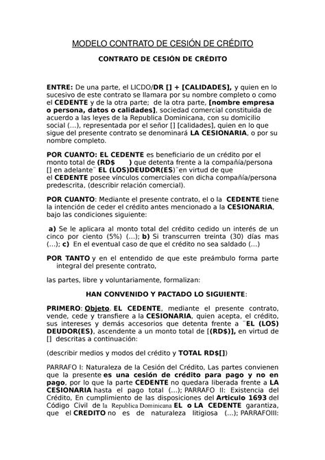 Modelo Contrato DE Cesión DE Crédito MODELO CONTRATO DE CESIÓN DE