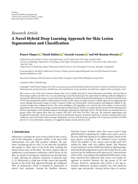 pdf a novel hybrid deep learning approach for skin lesion segmentation and classification