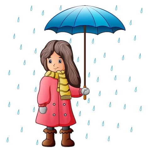 Ilustración de vector de niña bajo las gotas de lluvia con paraguas
