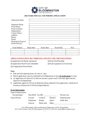 Fillable Online Bloomington In PARK USE PERMIT APPLICATION PACKET Fax