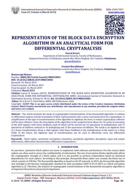 representation of the block data encryption algorithm in an analytical form for differential