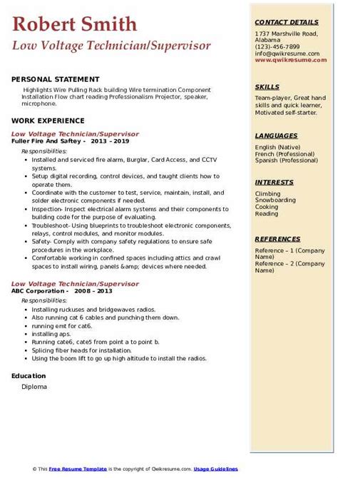 Low Voltage Technician Resume Samples QwikResume