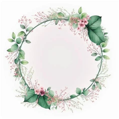 Marco de círculo de flor rosa y hojas verdes con pintura de acuarela de