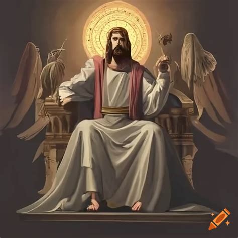 Jesus Christ Holding A Scroll With Seals He Stands Next To A Throne