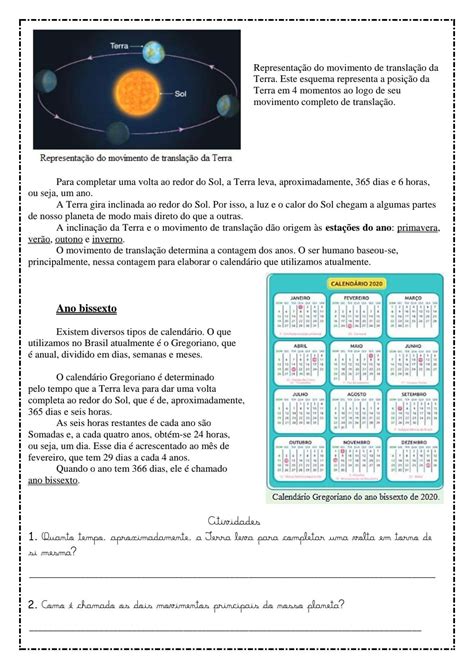 Atividades Sobre Os Movimentos Da Terra 5 Ano REVOEDUCA