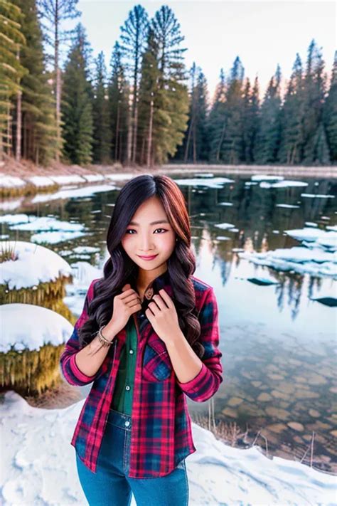 Dopamine Girl Realistic Photograph Burmese Woman Open Flannel Shirt