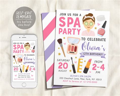 Spa Party Invitation Editable Template Makeup Party Facial Mani Pedi