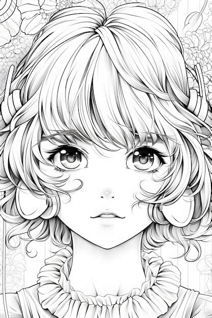 Hermosa chica anime para colorear página en blanco y negro Foto Premium
