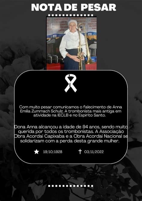 Nota De Pesar Falecimento De Anna Em Lia Zummach Novanotica