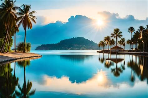 Una isla tropical con palmeras y montañas al fondo Foto Premium