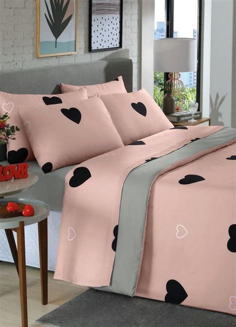 Mundo Lar Jogo de Cama Coração Rosa Casal 4 Peças Edredom Jogo