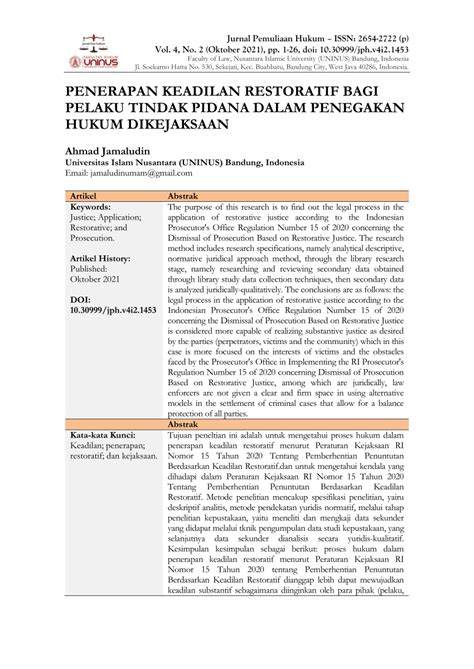 PDF Penerapan Keadilan Restoratif Bagi Pelaku Tindak Pidana Dalam