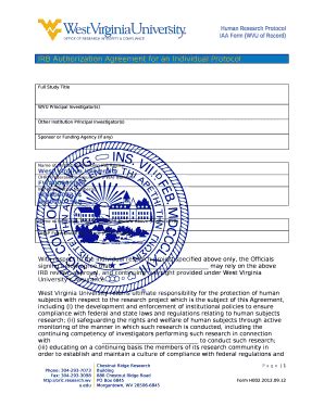 IRB Authorization Agreement For An Individual Protocol Oric Research