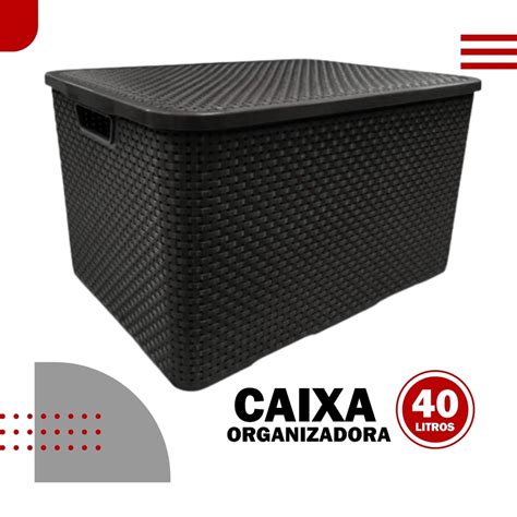 Caixa Organizadora Cesto Rattan Preto Grande Tampa Litros