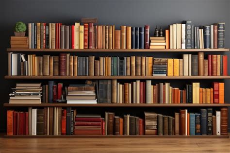 Amplio cartel con estantería y pila de libros de tapa dura perfectos