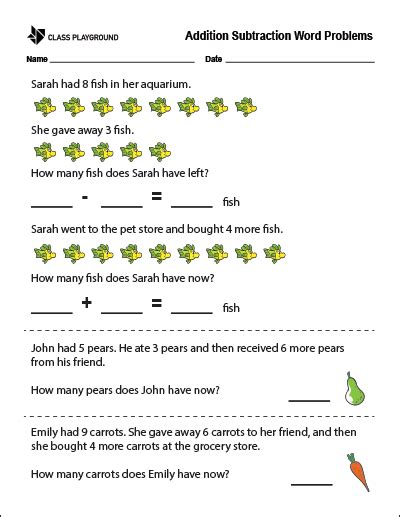 Printable Addition Subtraction Word Problems Worksheet Class Playground