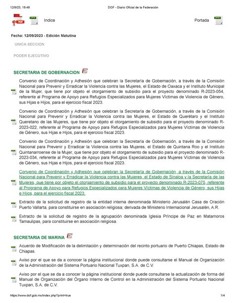 DOF Diario Oficial de la Federación Indice Portada Fecha 12 09