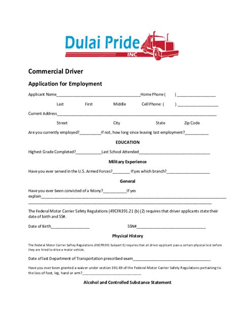 Fillable Online Commercial Driver Application For Employment Dulai