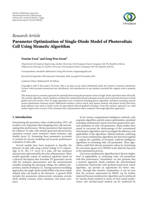 pdf parameter optimization of single diode model of photovoltaic cell using memetic algorithm