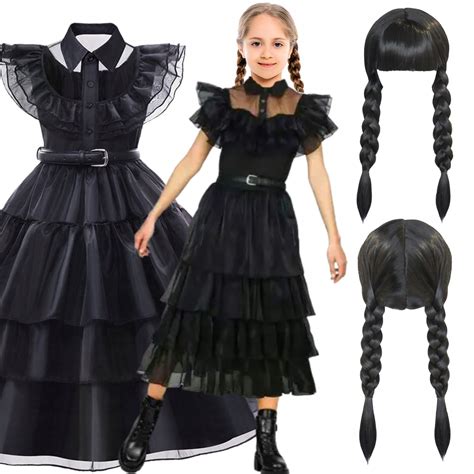 Strój Wednesday Addams Przebranie Kostium Sukienka Pasek 134 140