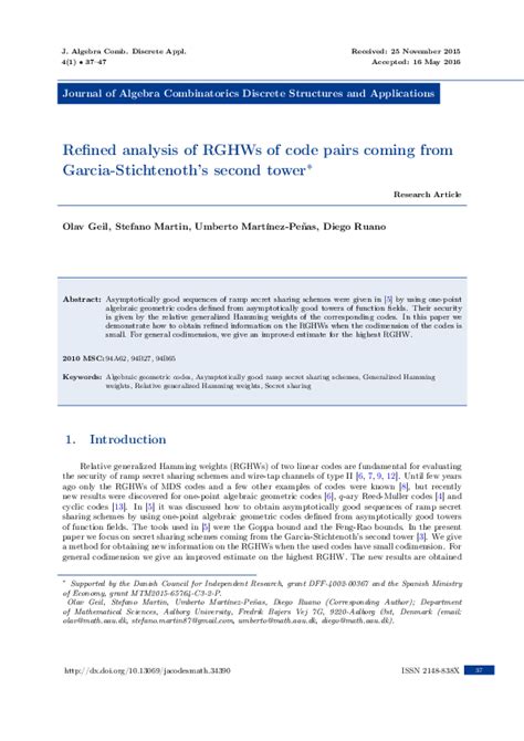 pdf refined analysis of rghws of code pairs coming from garcia stichtenoth s second tower