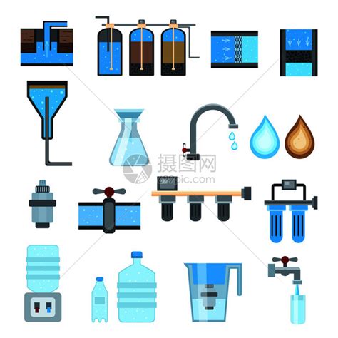 水过滤成套平图标与工业处理系统 家用水壶与墨盒隔离矢量插图水过滤平图标插画图片下载 正版图片300909517 摄图网
