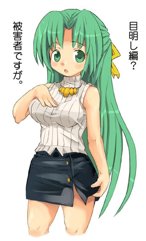 Safebooru 1girl Breasts Cropped Legs Green Eyes Green Hair Half Updo Hand On Own Chest