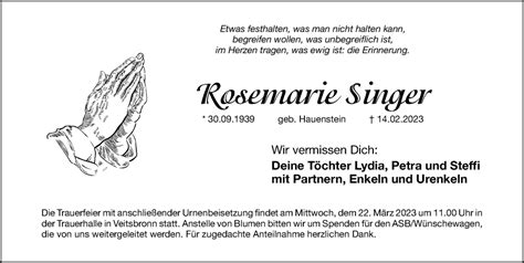 Traueranzeigen Von Rosemarie Singer Trauer Nn De