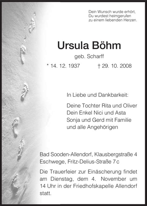 Traueranzeigen von Ursula Böhm Trauer HNA de