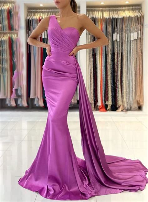 Trumpet Mermaid One Shoulder Sleeveless Sweep Train Satin Prom Dresses