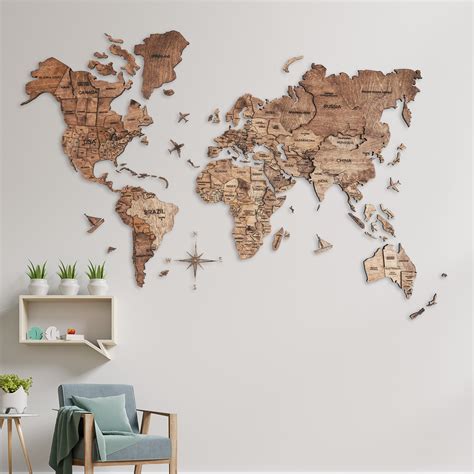 Mapa Mundi Geometrico Pared Grande Mapamundi Madera Pared World