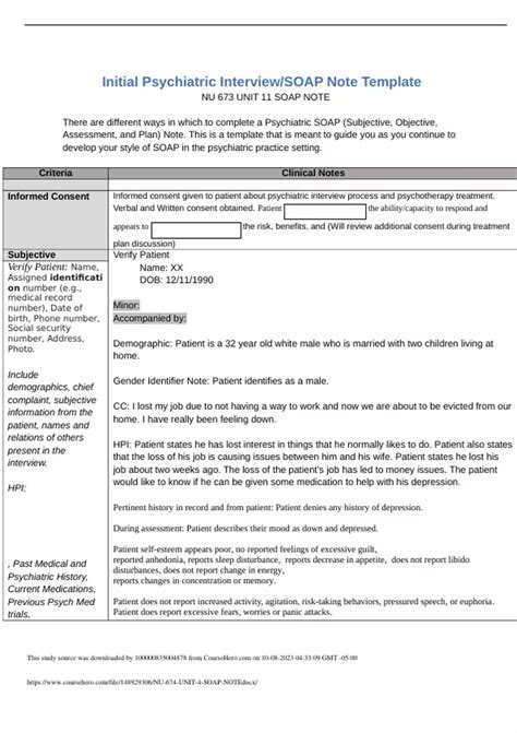 Initial Psychiatric Interview Soap Note Template Nu Unit Soap