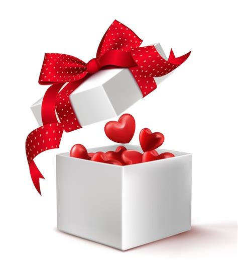 Realistische weiße 3d geschenkbox mit ballonherzen in roter schleife