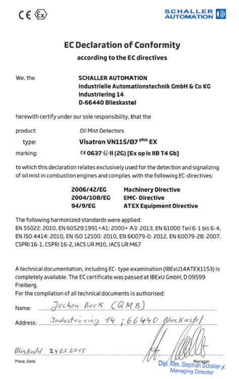 EC Declaration Of Conformity VN87plus EX Schaller Automation