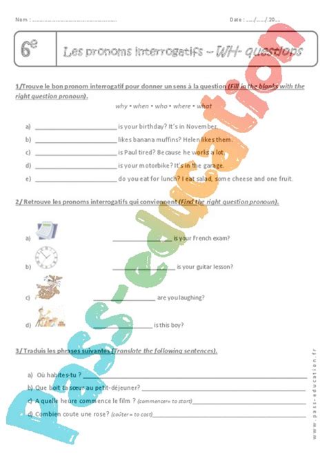 Wh questions Anglais 6ème Cycle 3 Exercices cours évaluation