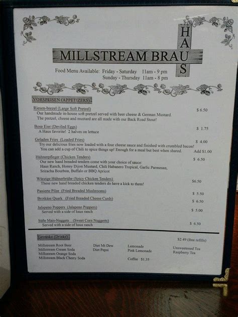 Menu At Millstream Brau Haus Restaurant Amana