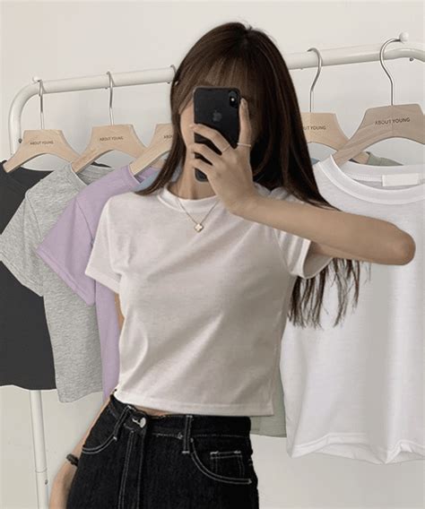 여름필수템 핏보장 스판 함유로 쫀쫀한 챠밍 부드러운 라운드 무지 반팔 라운드 티셔츠 크롭 반팔티 6color 에이블리