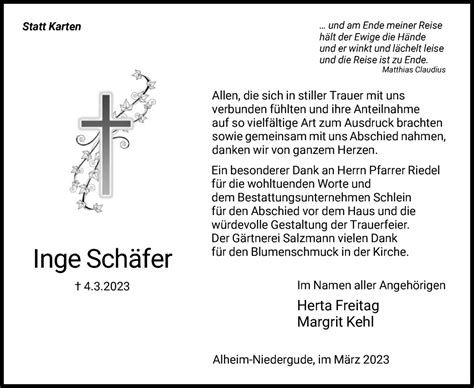 Traueranzeigen von Inge Schäfer Trauer HNA de