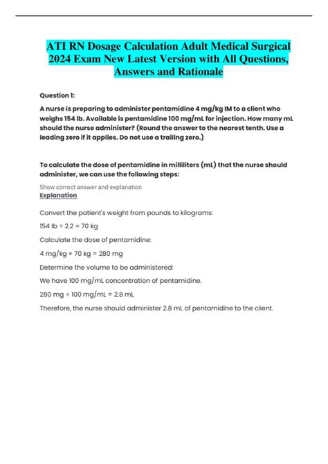 ATI RN Dosage Calculation Adult Medical Surgical 2024 Exam New Latest