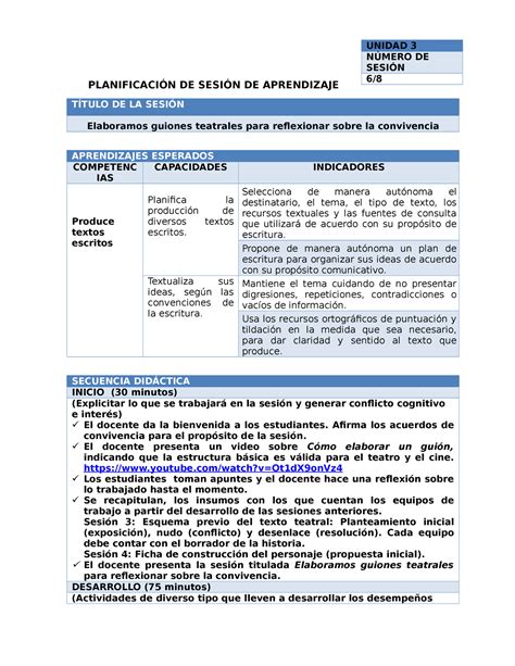 Elaboraci N De Guion Teatral Planificaci N De Sesi N De Aprendizaje