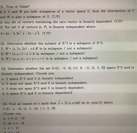 solved 21 true or false 1 if v and w are both subspaces
