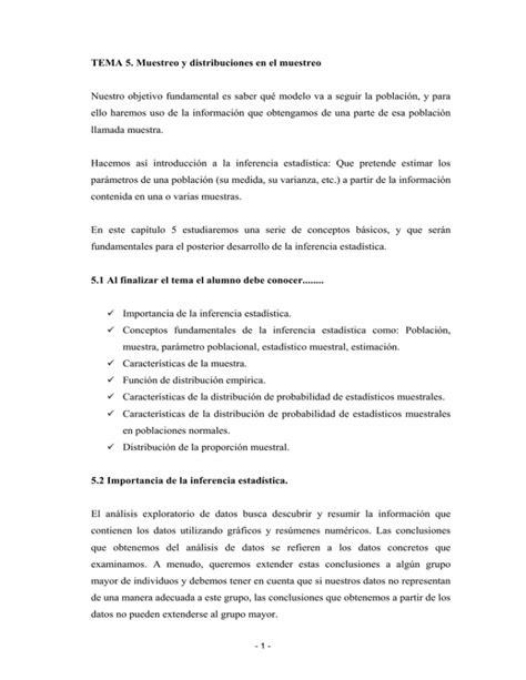 TEMA 5 Muestreo Y Distribuciones En El Muestreo Nuestro Objetivo