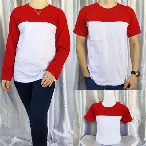 Kaos Reglan Polos MERAH PUTIH Kombinasi Lengan Panjang Dan Pendek Uk M